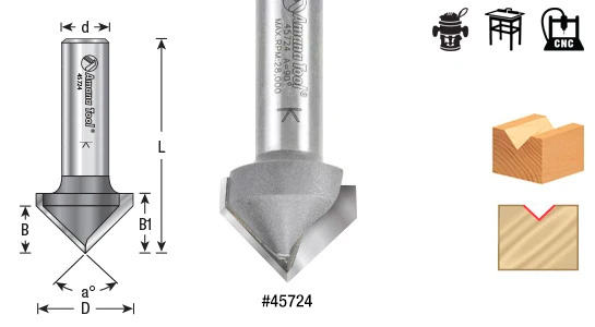 Amana Tool 45705 Carbide Tipped V Groove 60 Deg x 1/2 D x 5/8 CH x 1/4 ...
